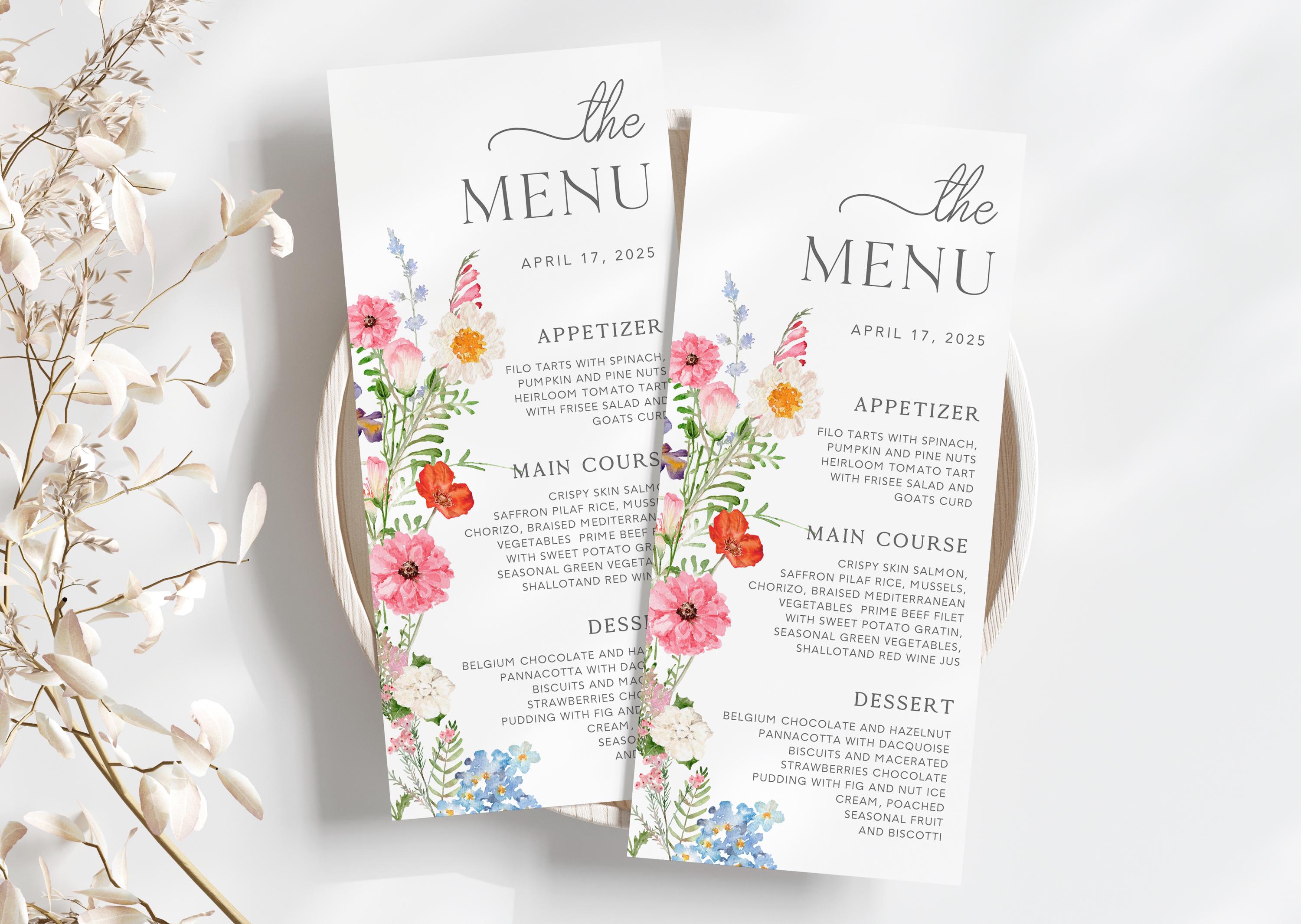 Wildflower Menu Card Template Wild Flower Menu Card Baby Shower Menu ...