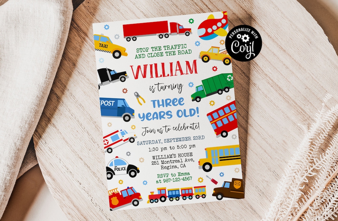 Editable Transportation Invitation Honk Beep Choo Choo Train Truck ...