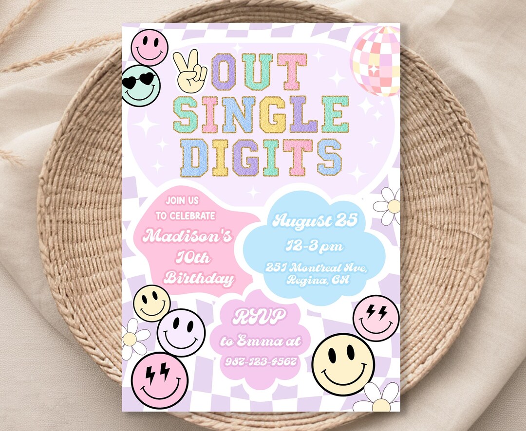 Out Single Digits Birthday Invitation Template Groovy 10th Birthday ...
