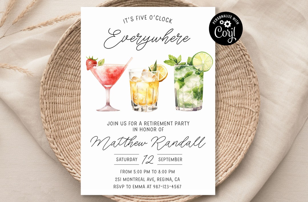 Editable It's Five O'clock Everywhere Retirement Invitation Editable ...
