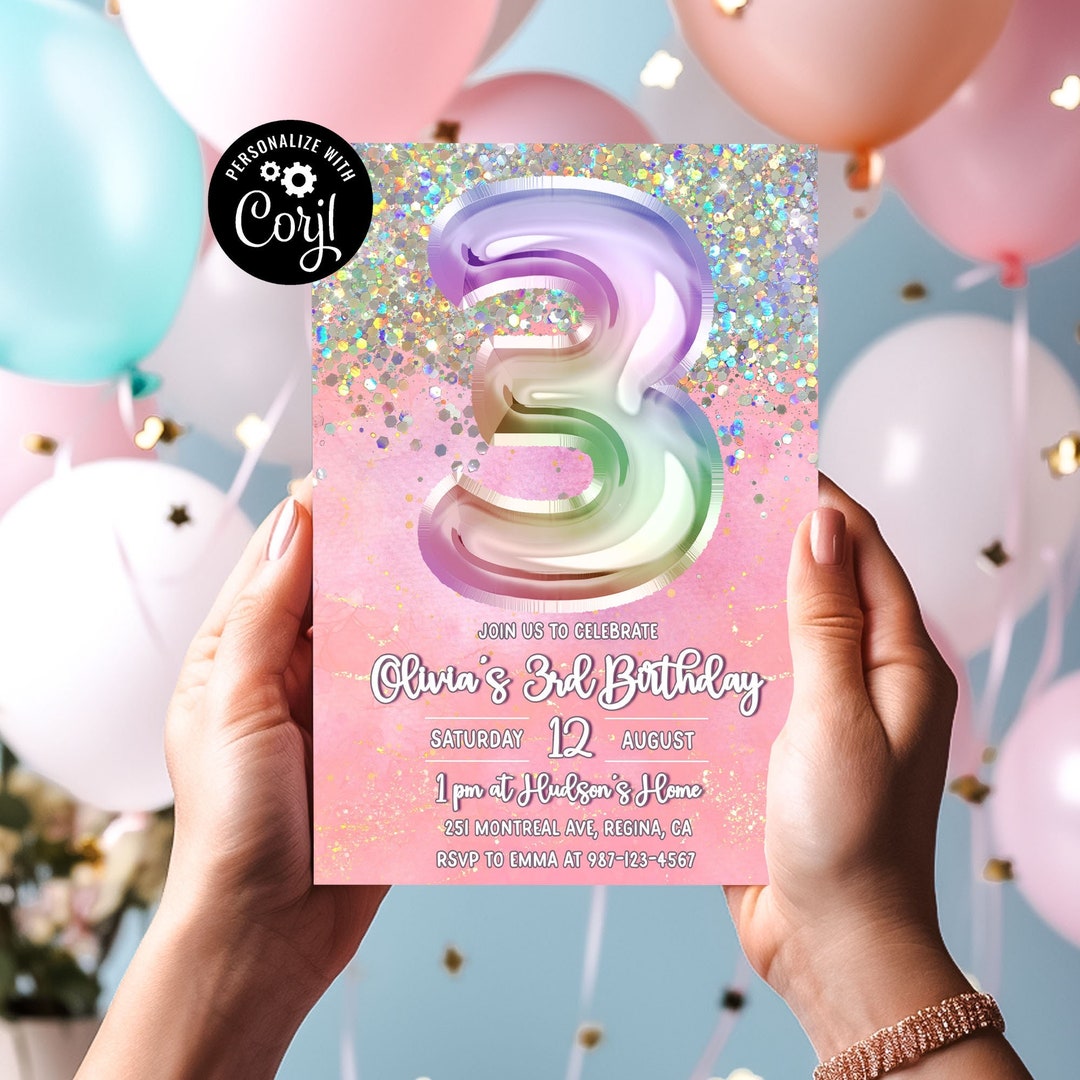 Editable Pink 3rd Birthday Invitation Template Glitter Birthday Party ...
