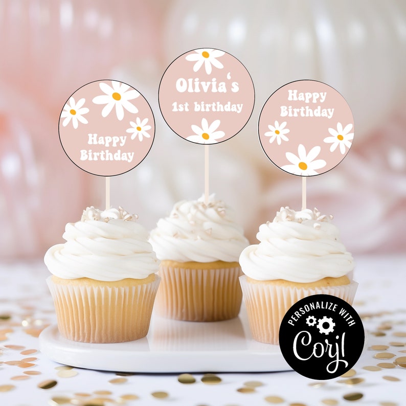 EDITABLE DAISY FIRST Birthday Cupcake Toppers Retro Daisy 1st Birthday Decor Daisy Boho Girl ...