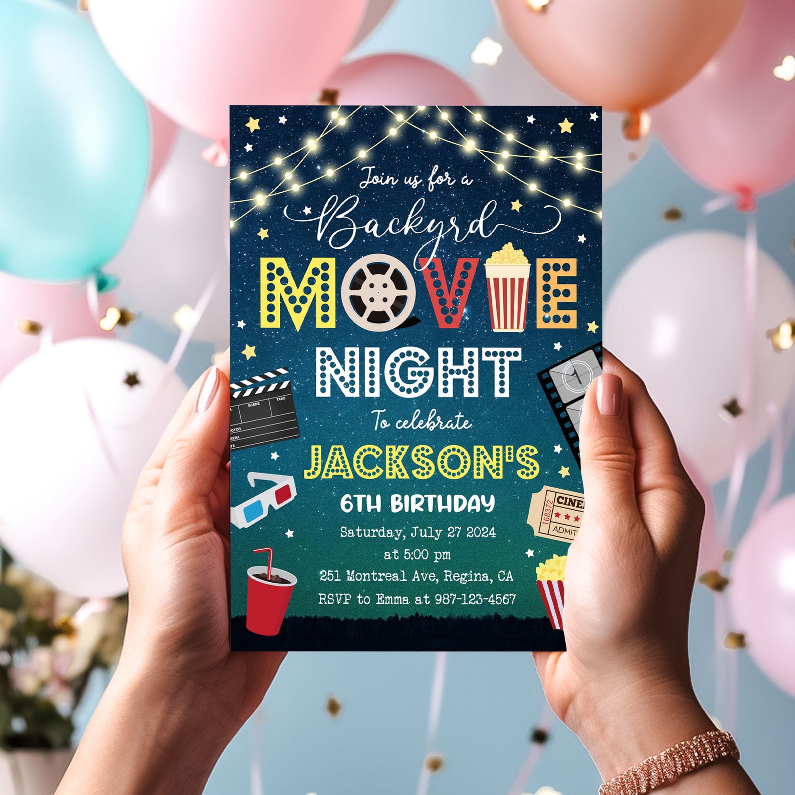 Editable Movie Birthday Invitation Printable Digital Kids Party Cinema ...