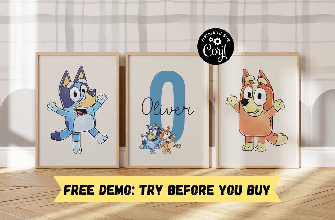 Editable Set of 3 Blue Dog Personalised Name Print Blue Dog Nursery ...