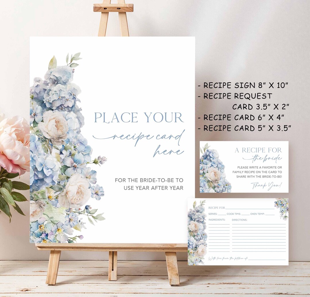 Recipe Sign and Cards Bridal Shower Dusty Blue Bridal Shower Editable ...
