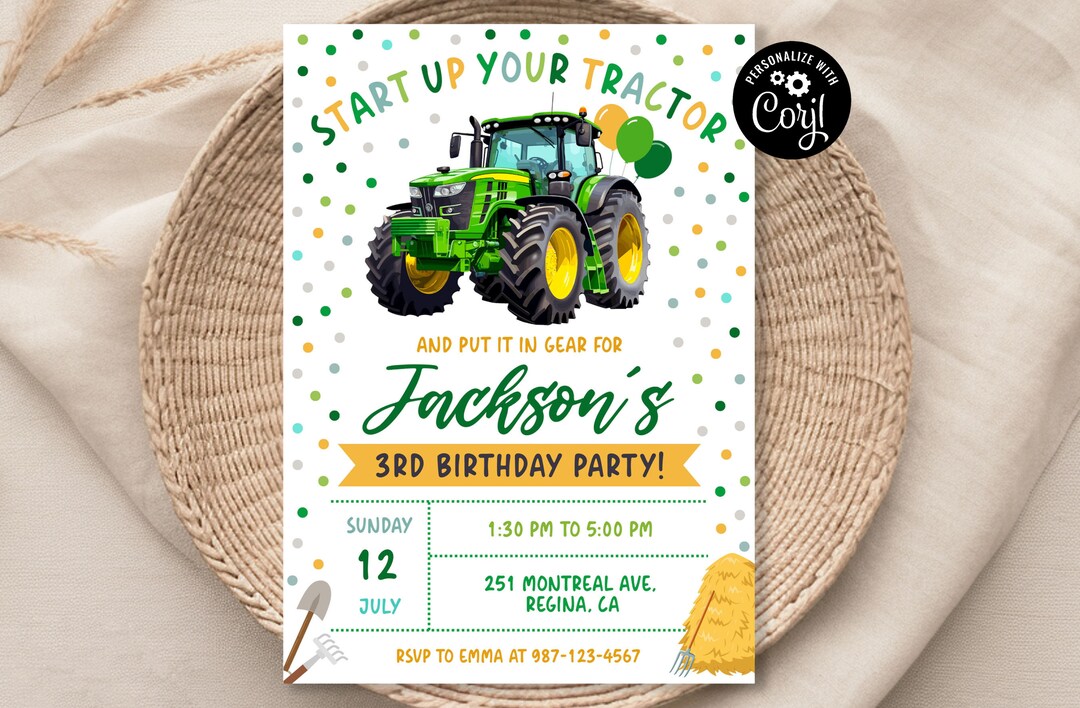 Editable Tractor Invitation Green Tractor Birthday Invitation Green ...