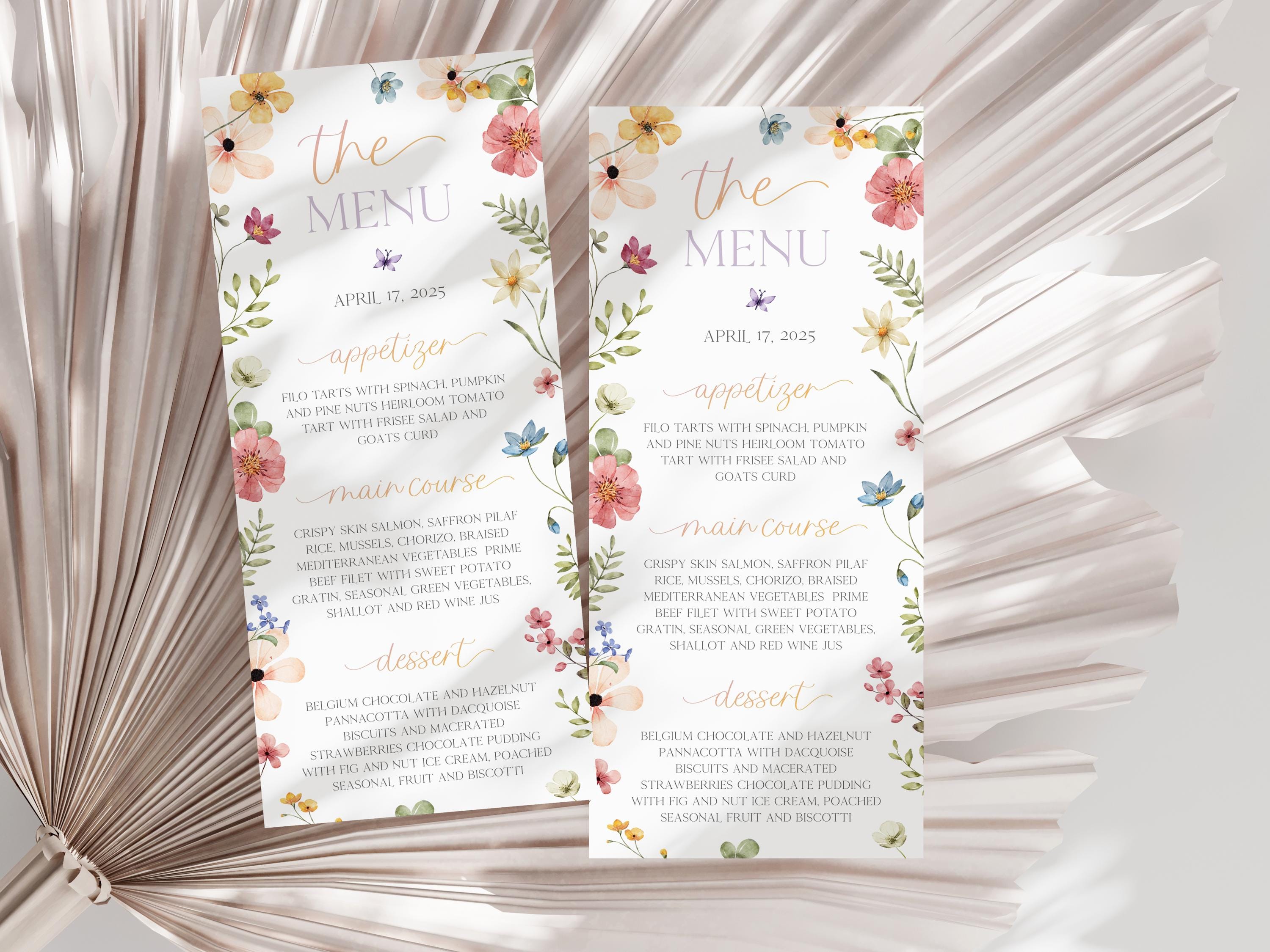 Wildflower Menu Card Wild Flower Menu Card Baby Shower Event Menu Card ...