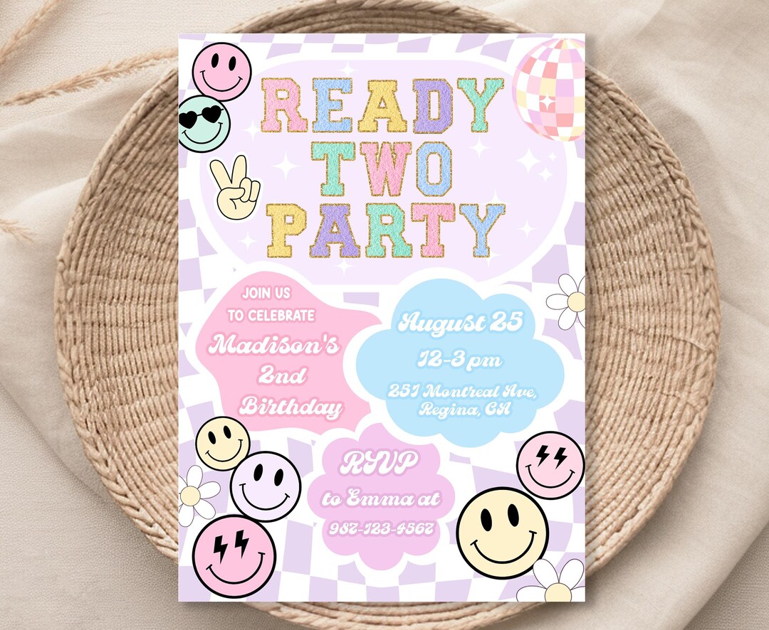 Ready Two Party Invitation Template Girl 2nd Birthday Invite Retro 2 ...