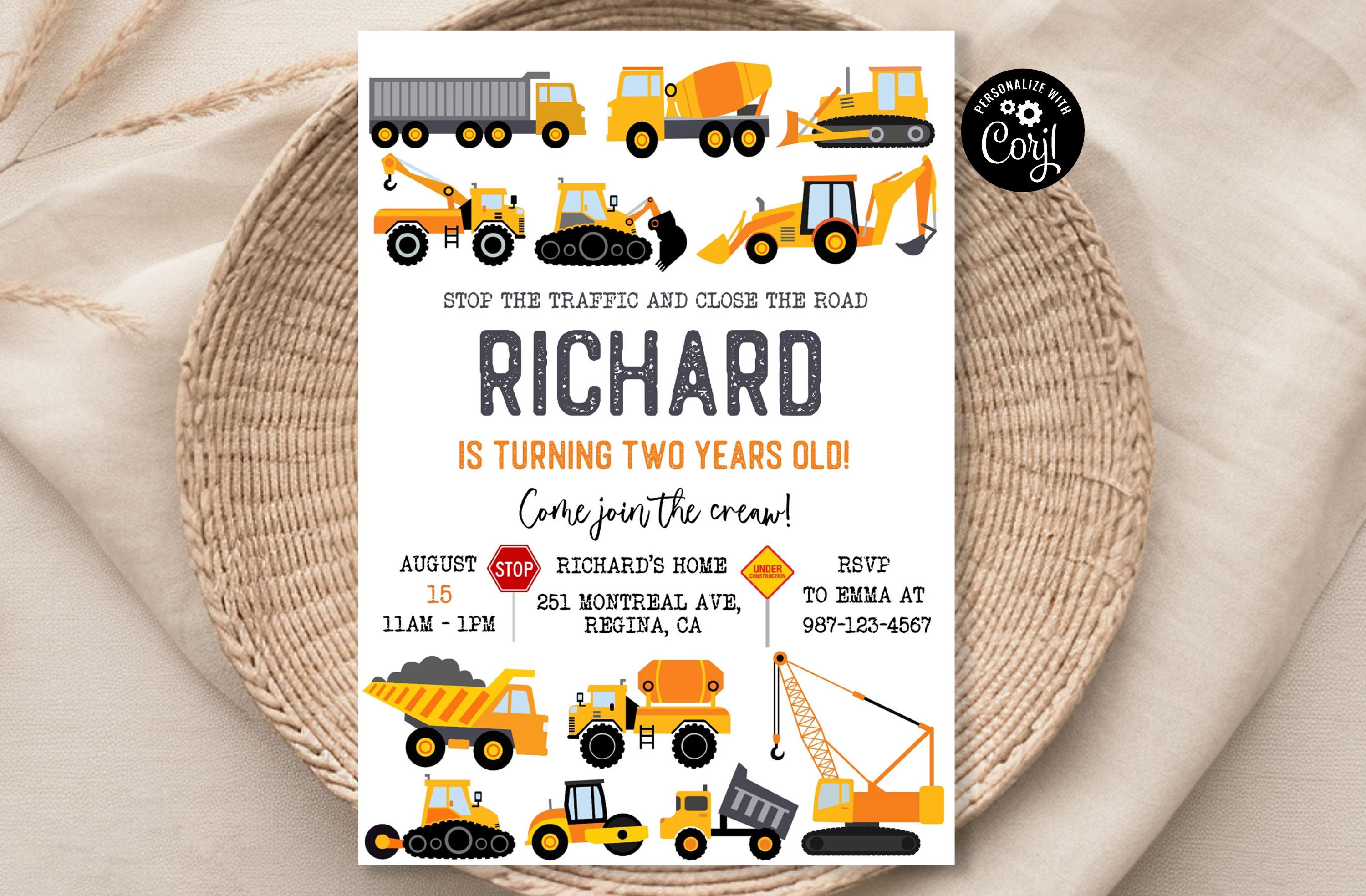 Editable Modern Construction Birthday Party Invitation Template ...