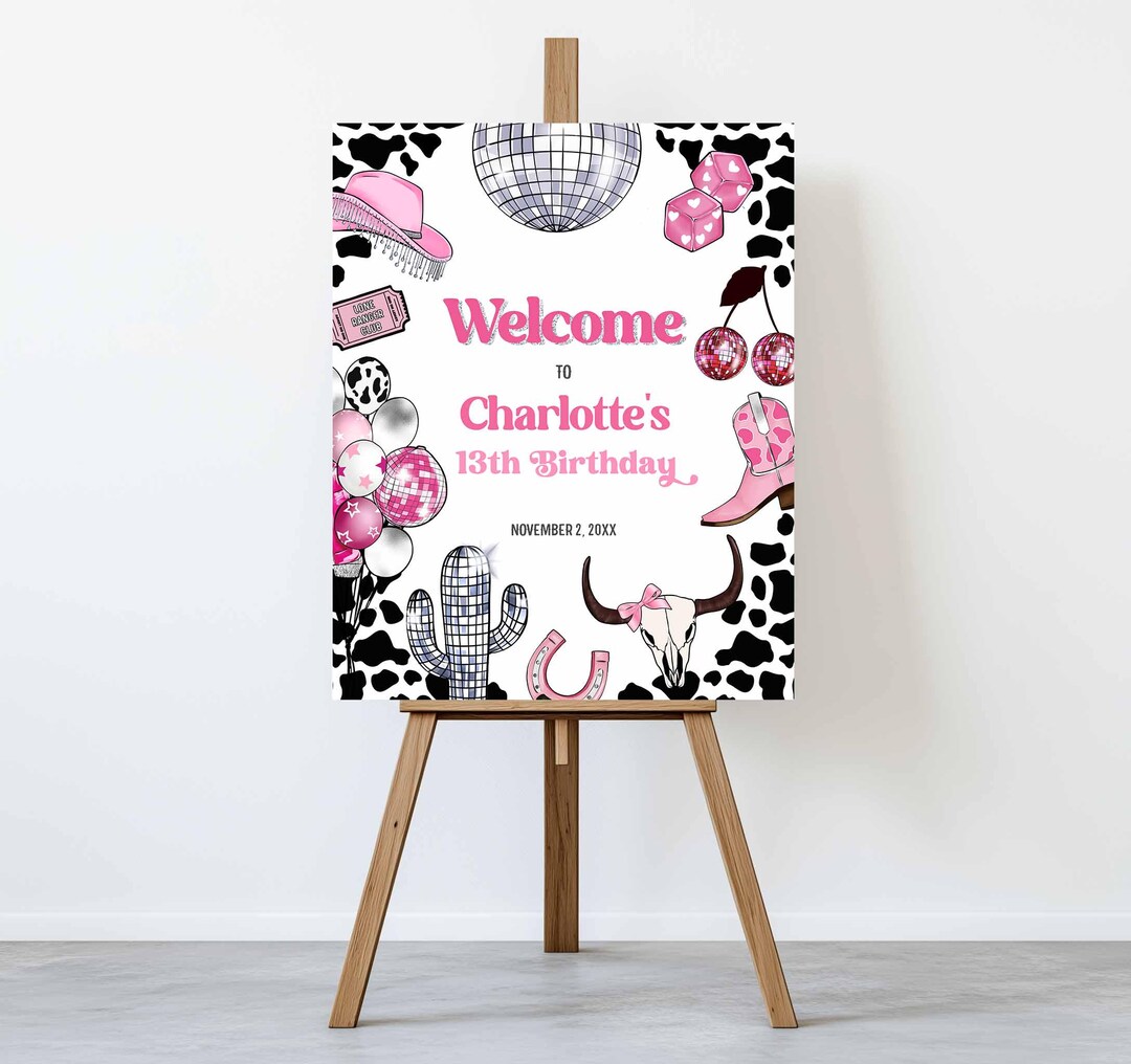 Cowgirl Birthday Welcome Sign Template Rodeo Disco Party Sign Pink ...