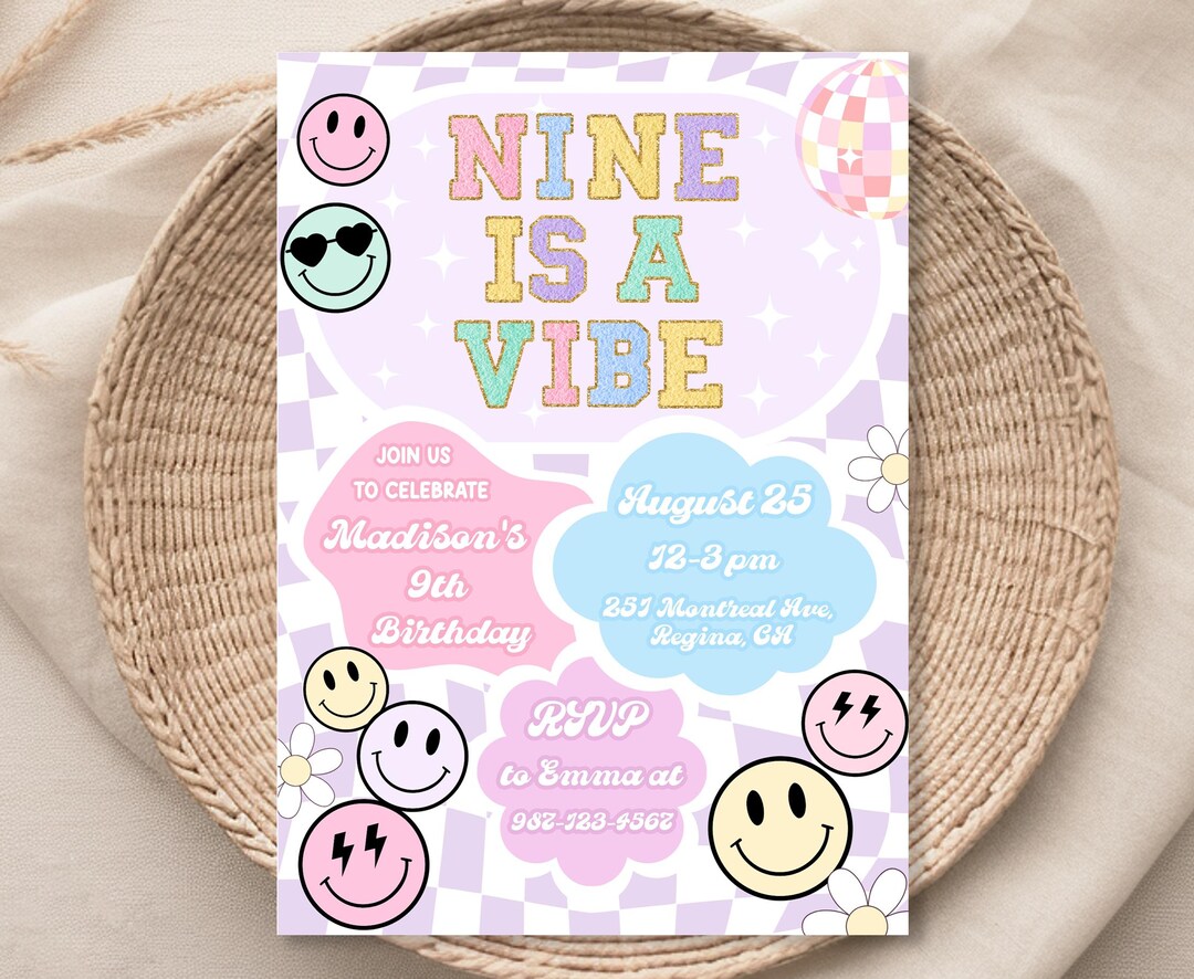 Nine is A Vibe Birthday Invitation Template Groovy Girl 9th Birthday ...