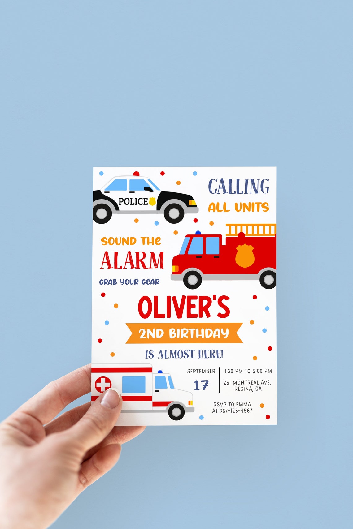 Editable Emergency Vehicles Birthday Invitation First Responders Party ...