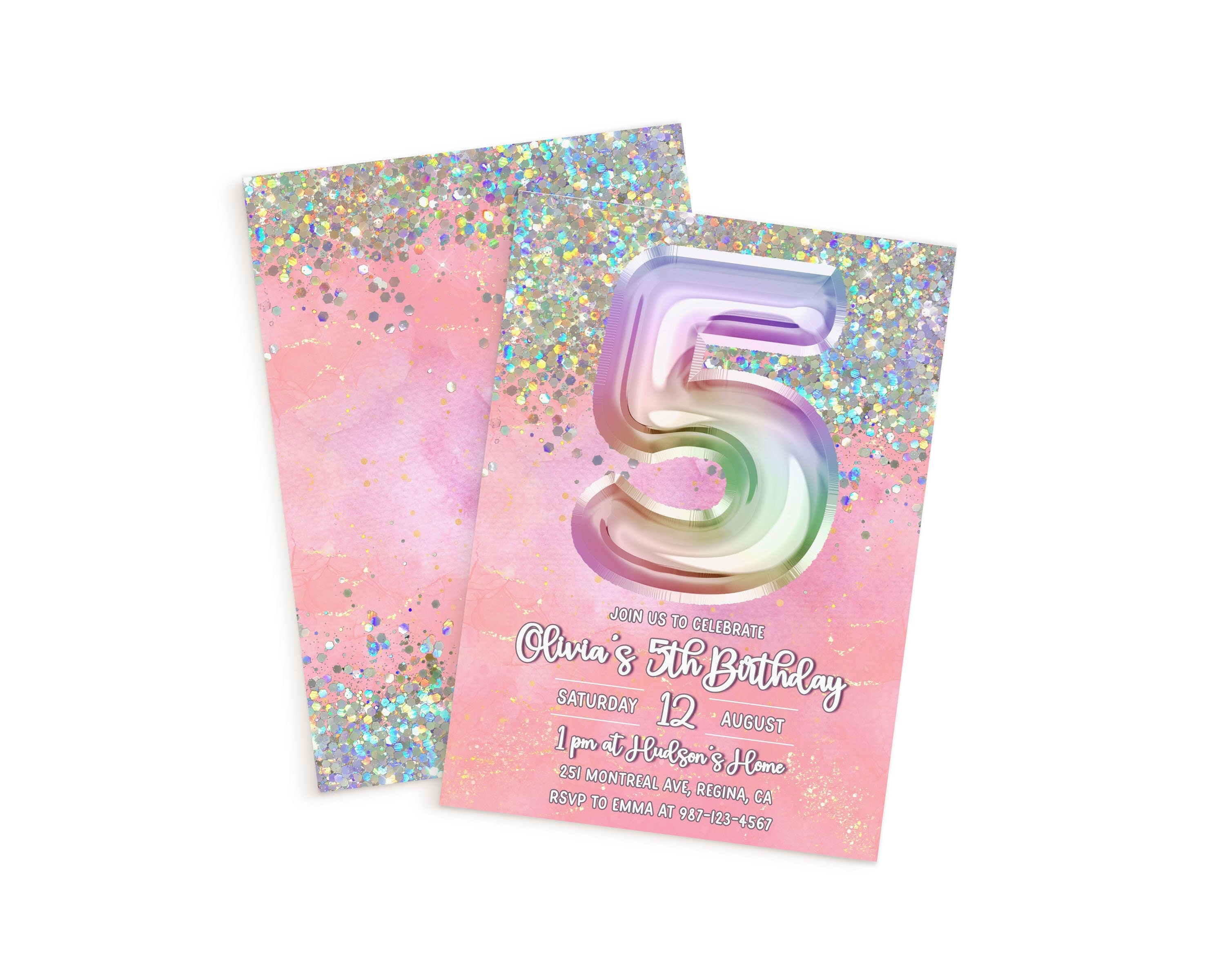 Editable Pink 5th Birthday Invitation Template Glitter Birthday Party ...