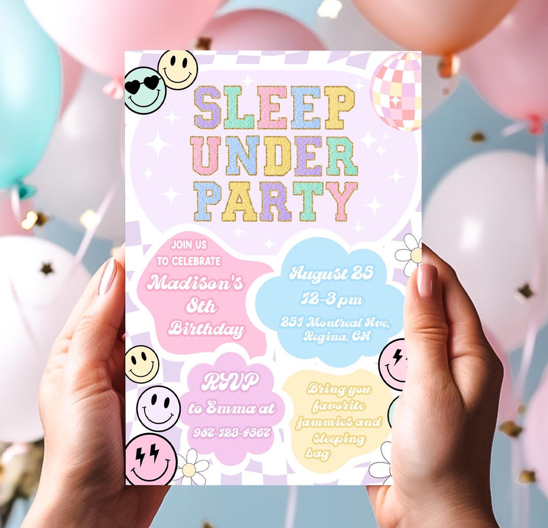 Editable Sleepunder Birthday Party Invitation Preppy Teen Varsity Patch ...