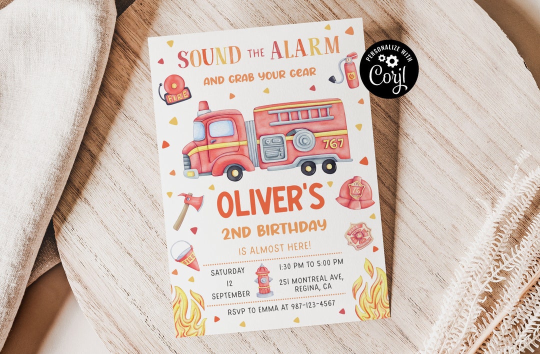 Fire Truck Birthday Invitation Firetruck Invitation Fire Engine ...