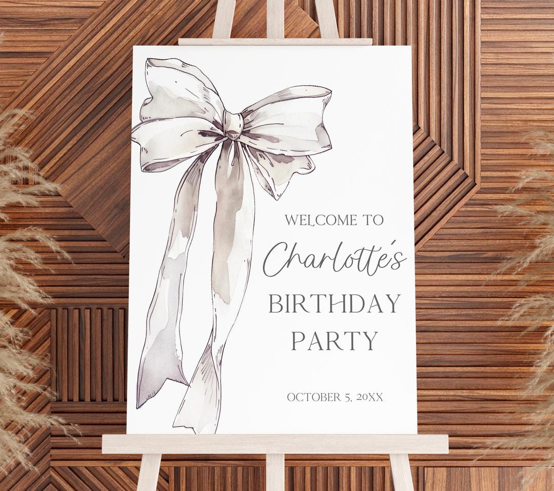 Bow Birthday Welcome Sign Template White Bow Birthday Party Sign ...