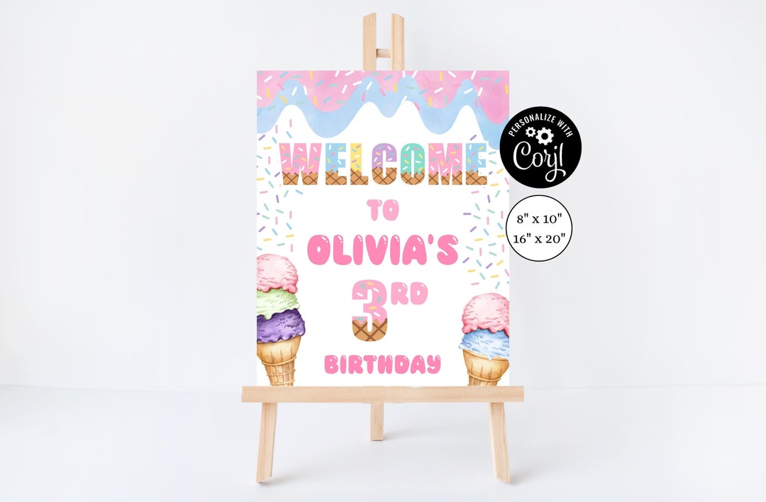 Editable Ice Cream Birthday Welcome Sign Three Scoops of Fun 3rd ...