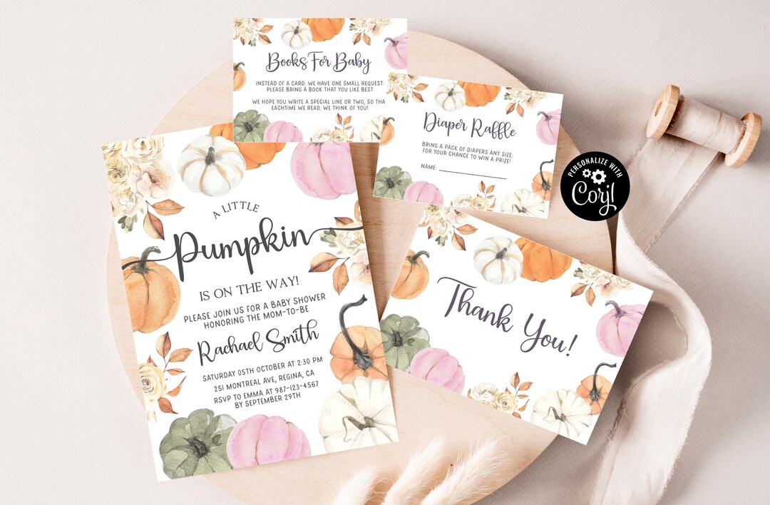 Pink Pumpkin Baby Shower Set Little Pumpkin Girl Pumpkin Invite Fall ...