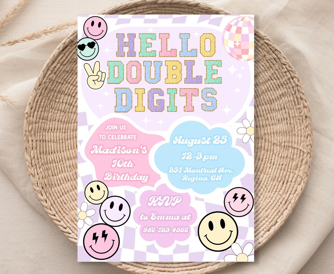 Hello Double Digits Birthday Invitation Template Groovy 10th Birthday ...