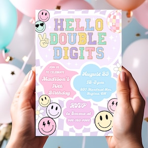 Hello Double Digits Birthday Invitation Template Groovy 10th Birthday ...