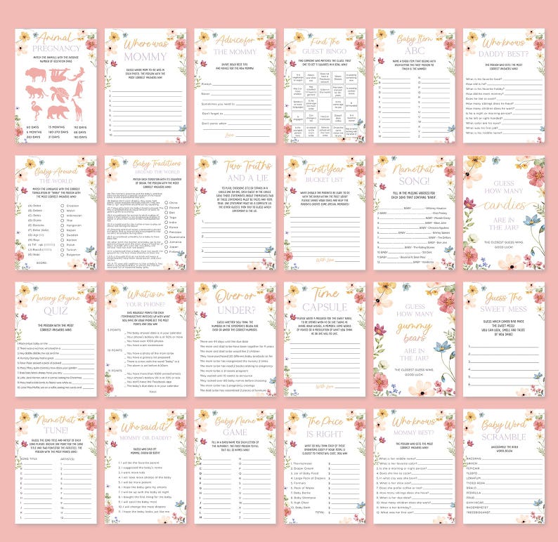 Wildflower Games Baby Shower Games Wild Flower Games Set Printable ...