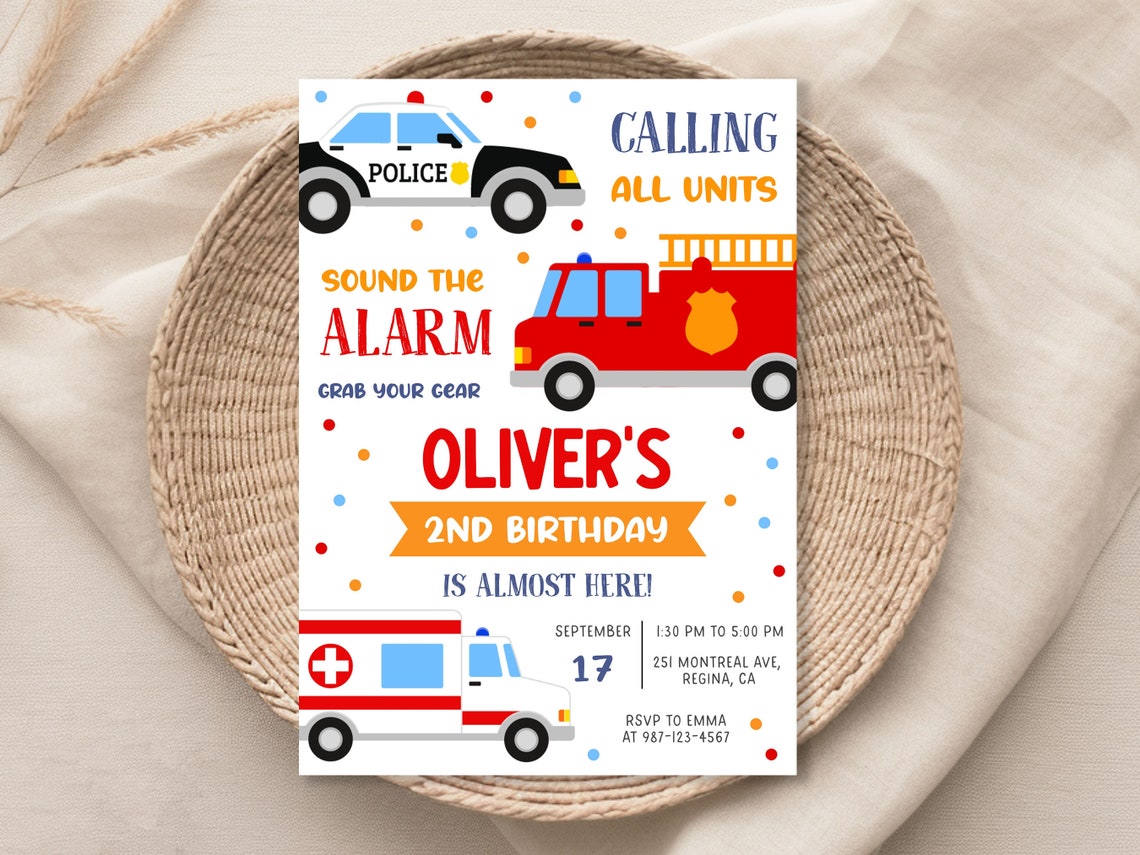 Editable Emergency Vehicles Birthday Invitation First Responders Party ...