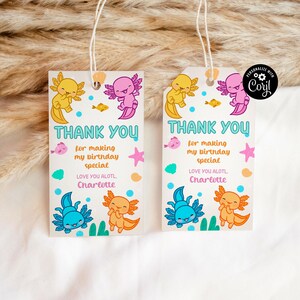 Axolotl Thank You Tag EDITABLE Under the Sea Party Axolotl Favor Tag ...