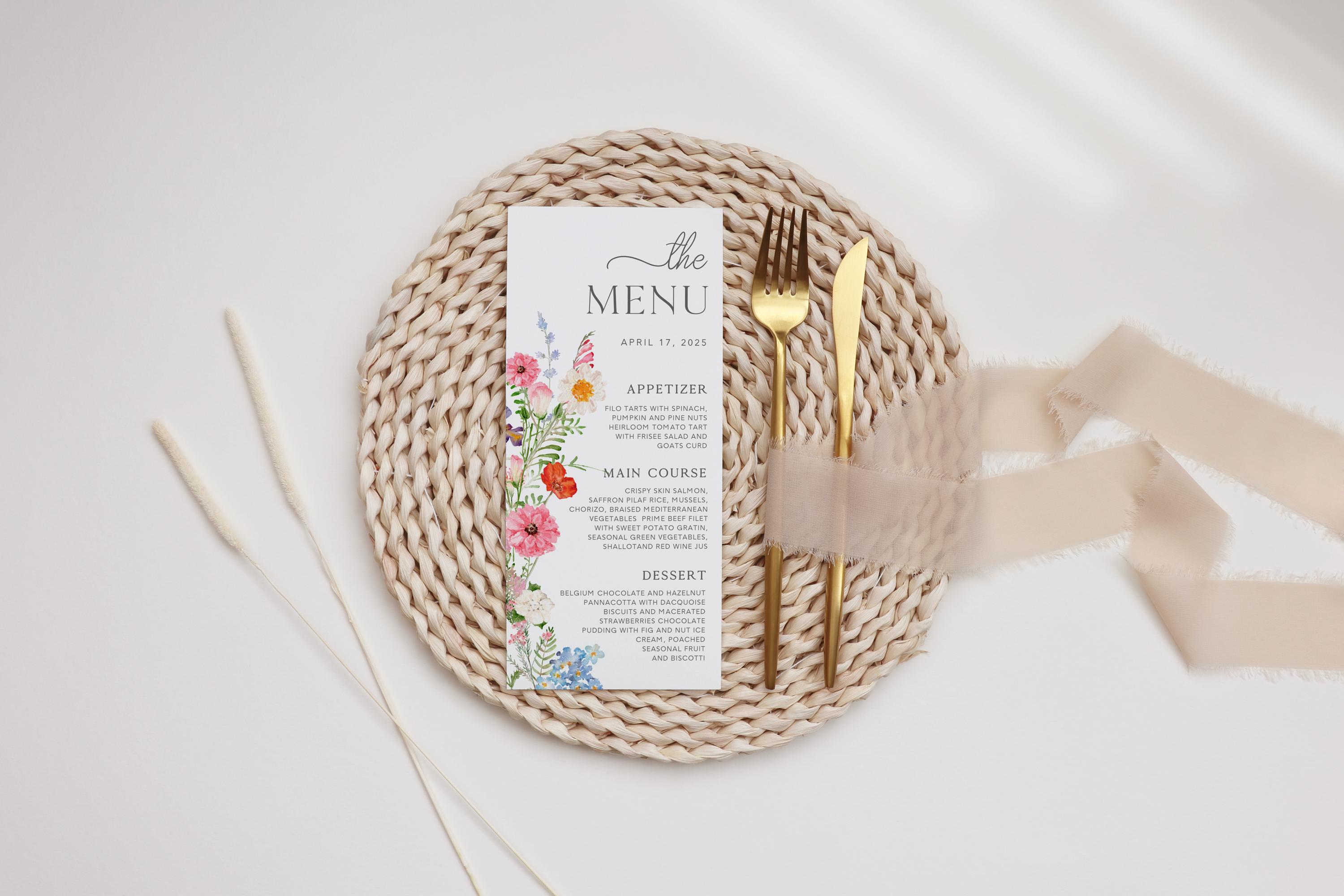 Wildflower Menu Card Template Wild Flower Menu Card Baby Shower Menu ...
