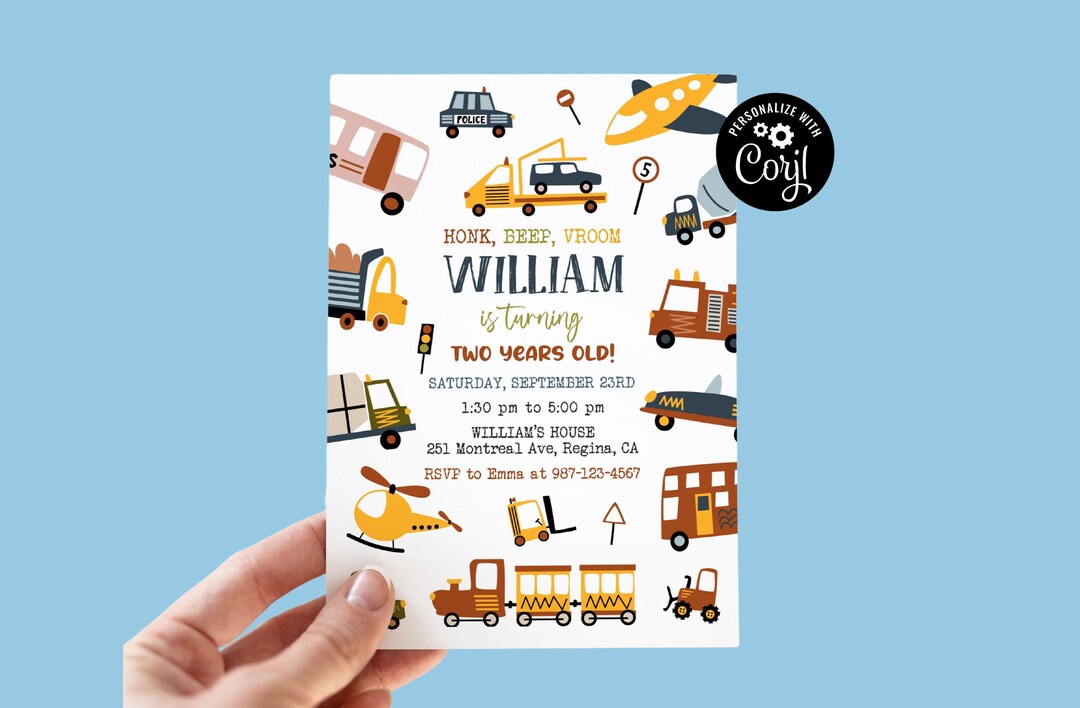 Editable Transportation Birthday Invitation Honk Beep Choo Choo Train ...