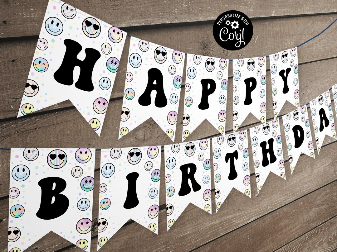 Editable Pastel Smiley Face Birthday Banner Template Girl's Rainbow ...