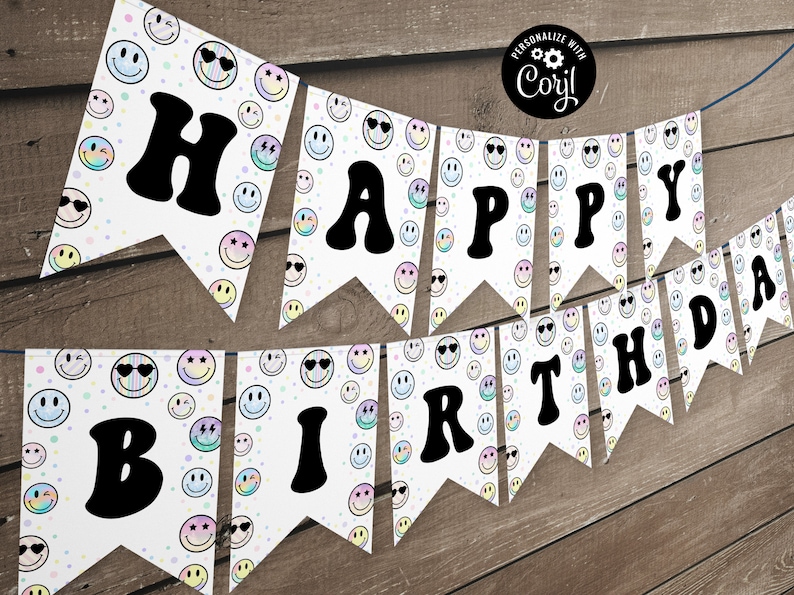Editable Pastel Smiley Face Birthday Banner Template Girl's Rainbow ...