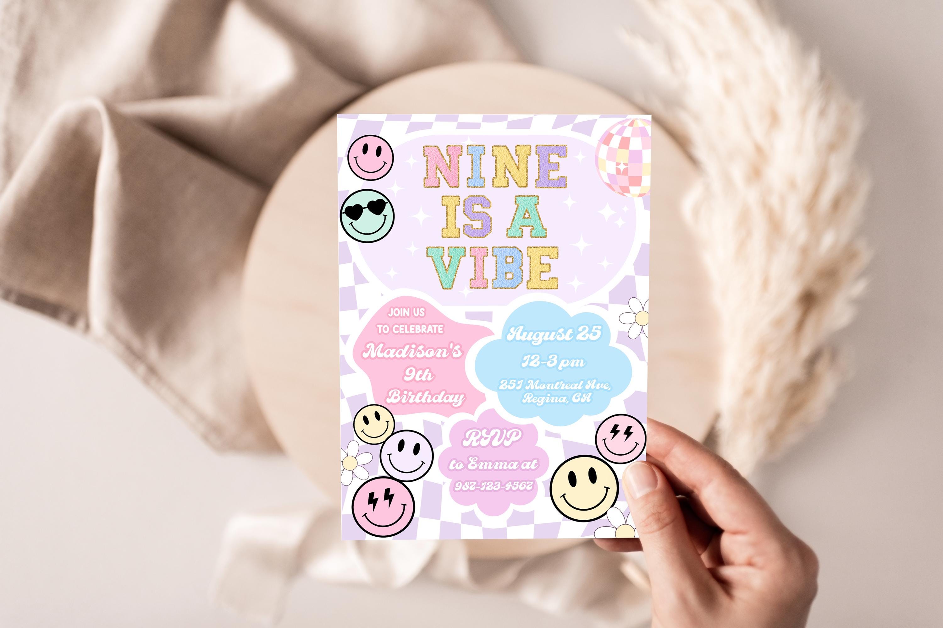 Nine is A Vibe Birthday Invitation Template Groovy Girl 9th Birthday ...