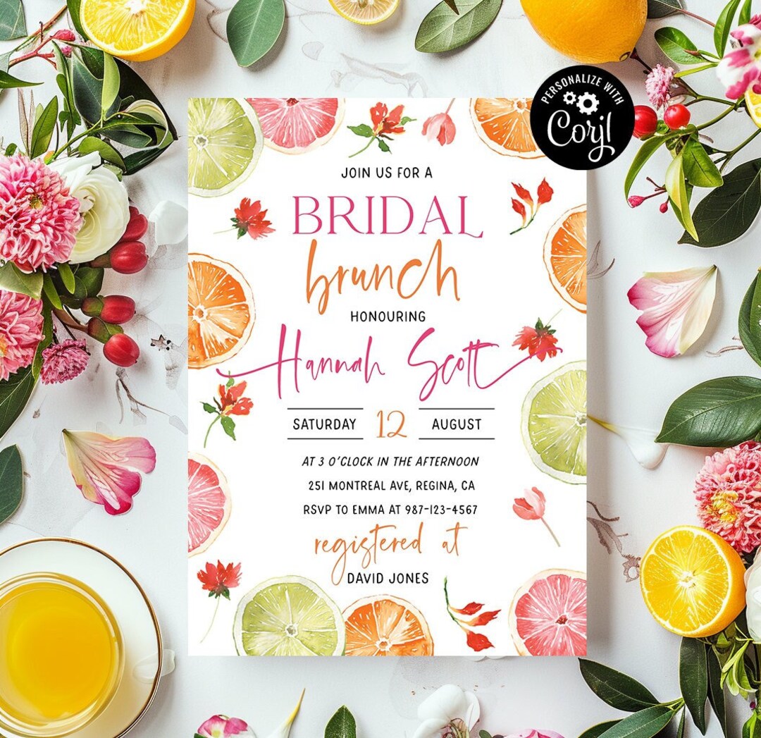 Editable Citrus Bridal Brunch Invitation Orange Bridal Shower Floral ...