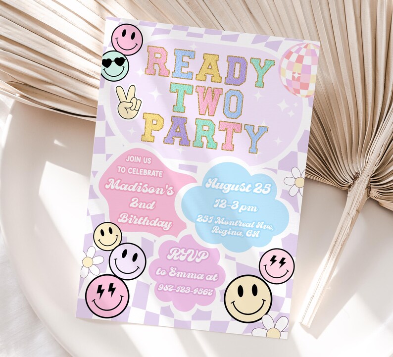 Ready Two Party Invitation Template Girl 2nd Birthday Invite Retro 2 ...