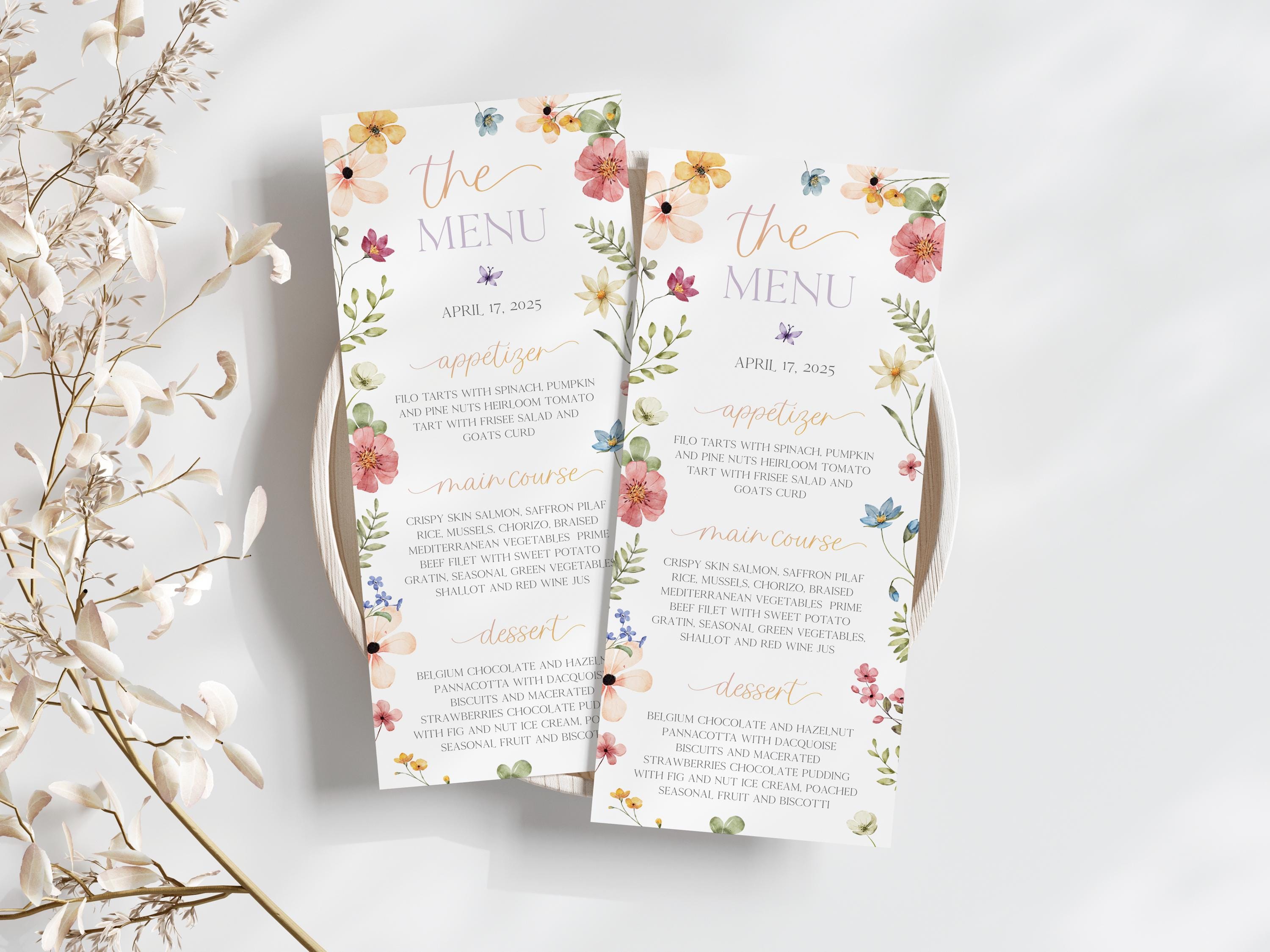 Wildflower Menu Card Wild Flower Menu Card Baby Shower Event Menu Card ...