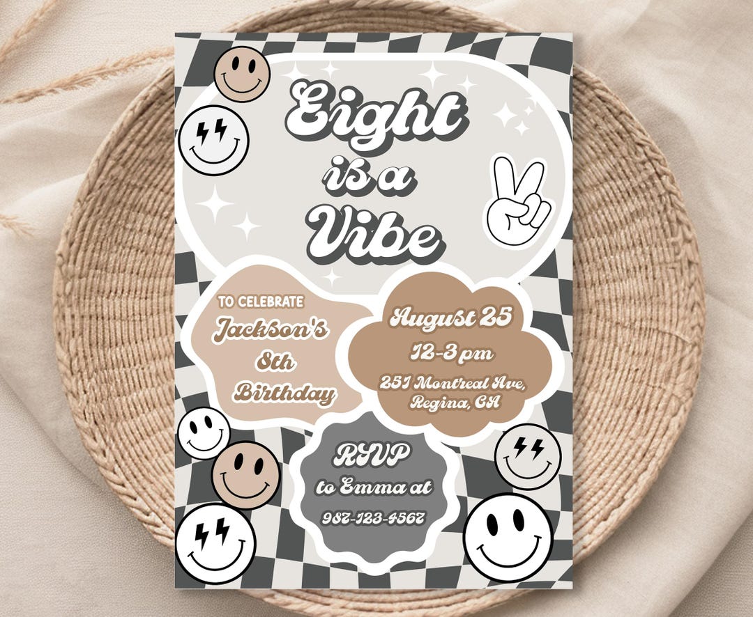 Eight is A Vibe Birthday Invitation Template Groovy Boy 8th Birthday ...