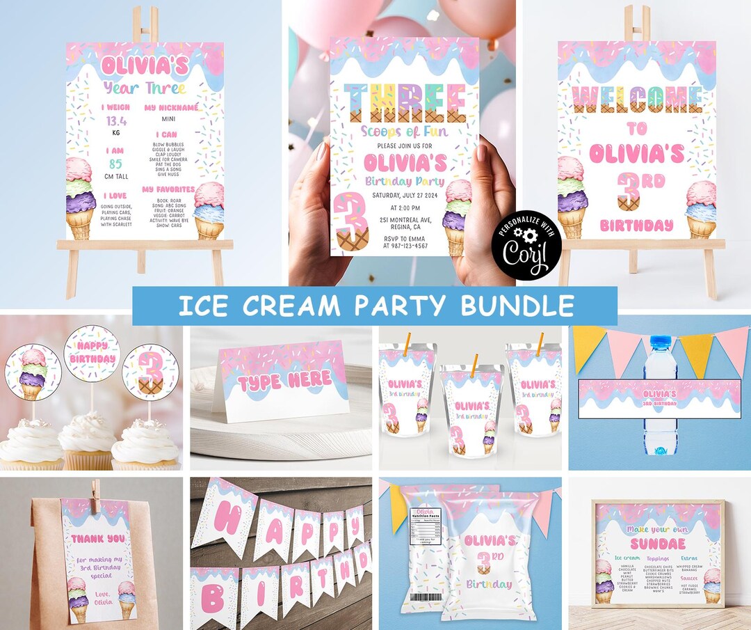 Editable Ice Cream Birthday Bundle Three Scoops of Fun 3rd Birthday ...