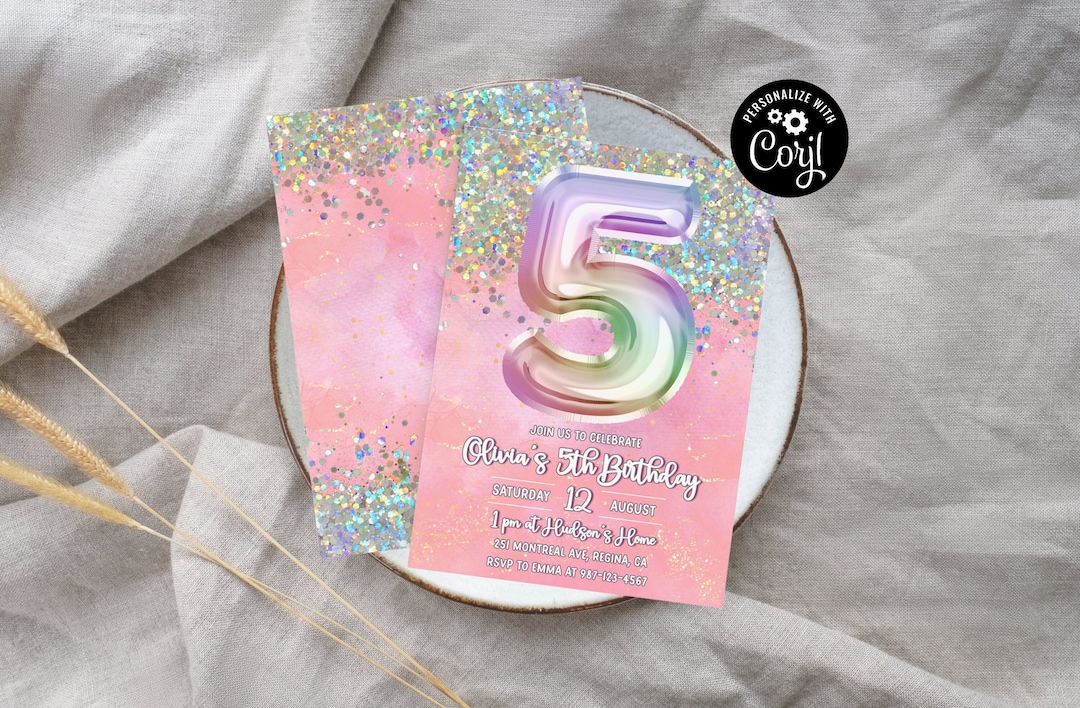 Editable Pink 5th Birthday Invitation Template Glitter Birthday Party ...