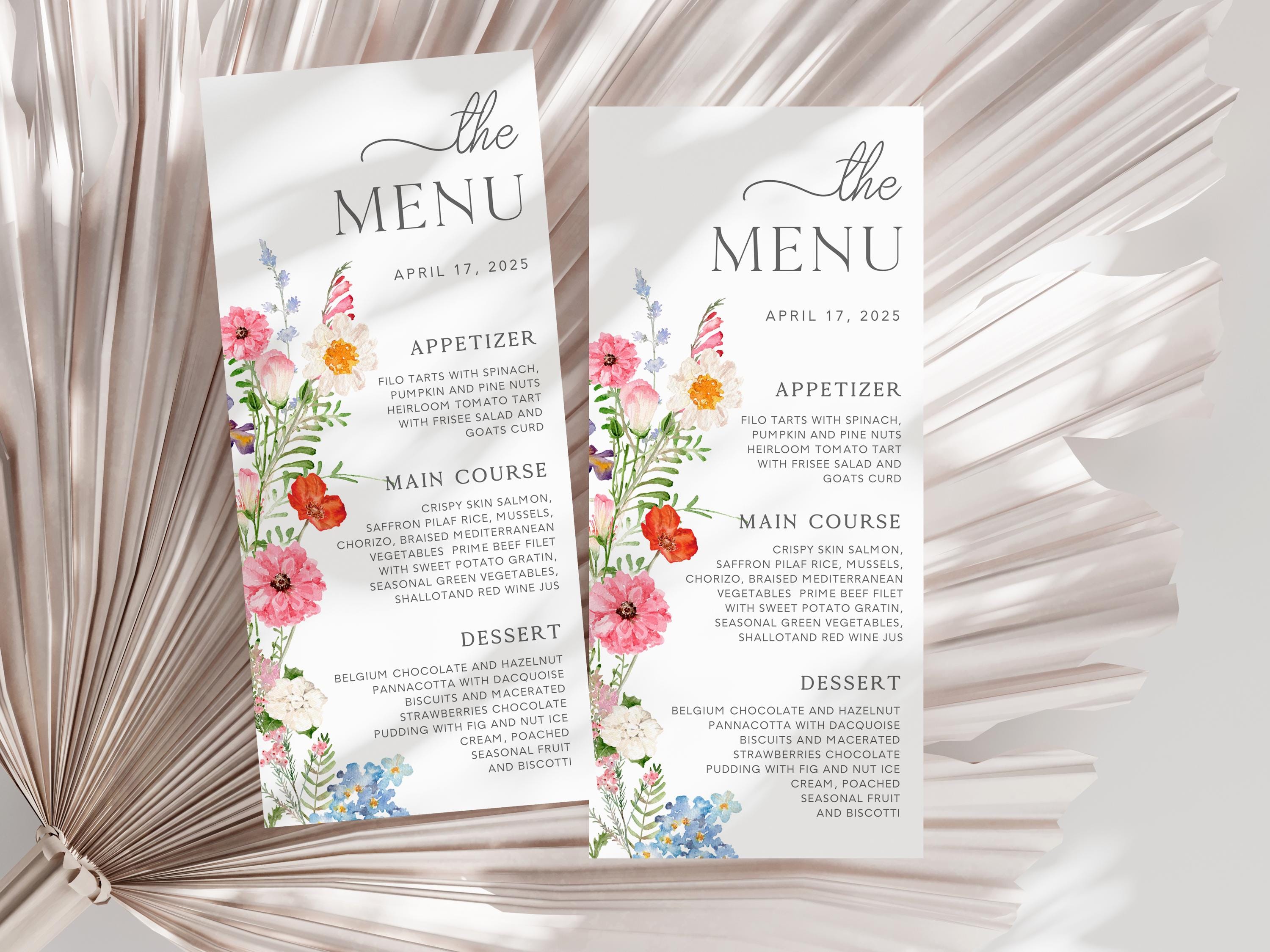Wildflower Menu Card Template Wild Flower Menu Card Baby Shower Menu ...