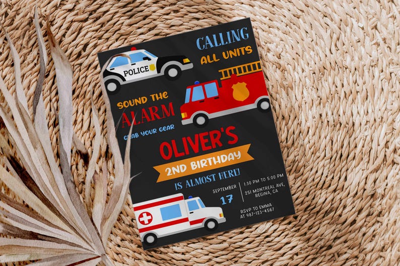 Editable Emergency Vehicles Birthday Invitation, First Responders Party ...
