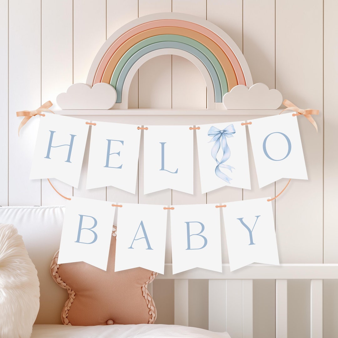 Blue Bow Banner Bow Hello Baby Banner Blue Bow Garland Baby Shower ...