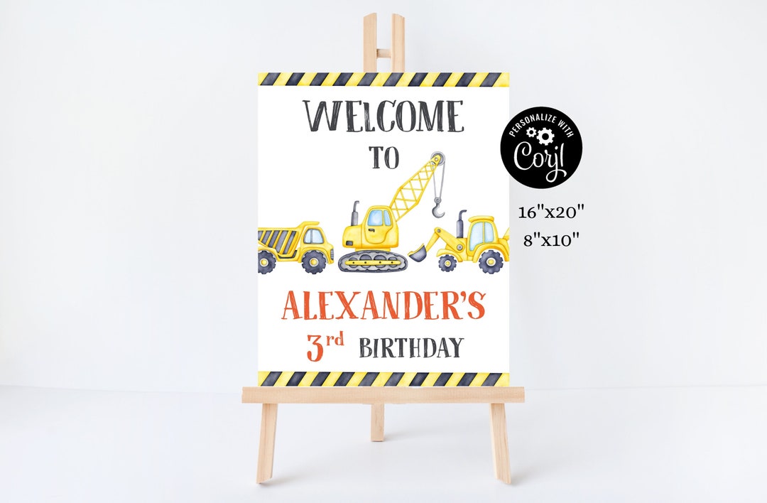 Editable Modern Construction Birthday Welcome Sign Dump Trucks Party ...