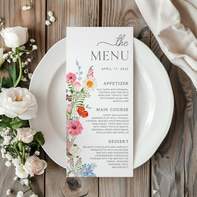 Wildflower Menu Card Template Wild Flower Menu Card Baby Shower Menu ...