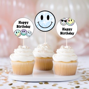 Editable Pastel Smiley Face Birthday Cupcake Topper Template Girl ...