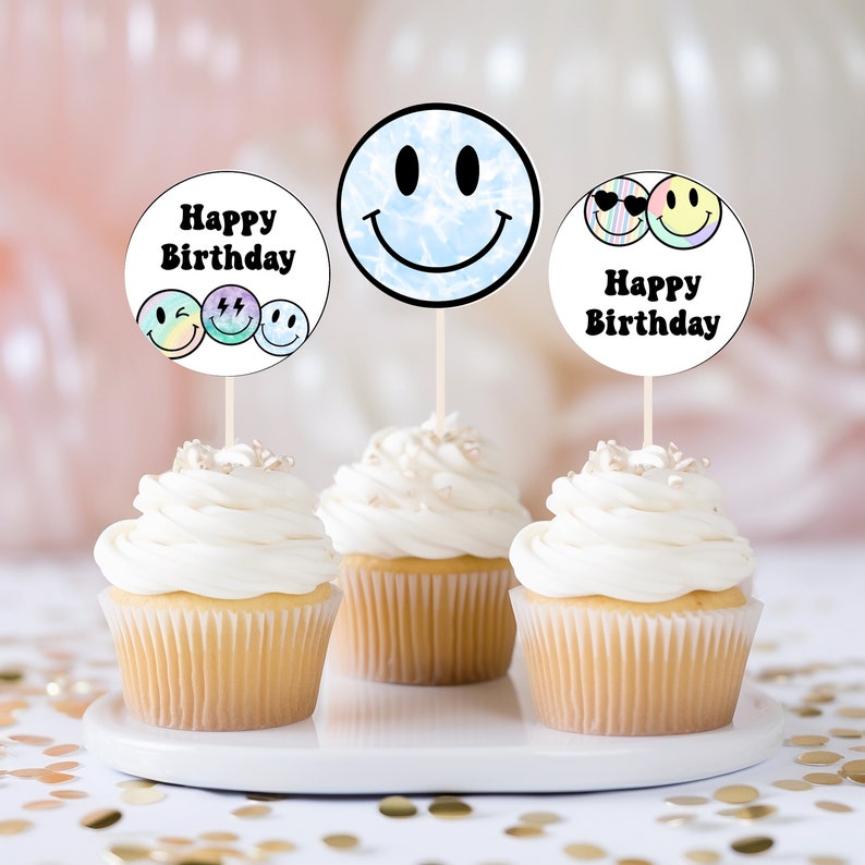 Editable Pastel Smiley Face Birthday Cupcake Topper Template Girl ...