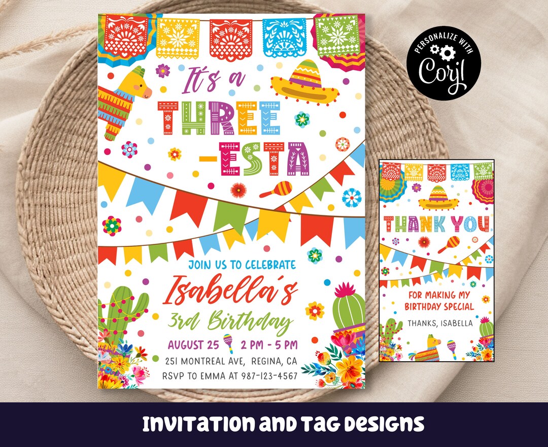 Editable Three-esta Fiesta Birthday Invitation Third Birthday 3rd ...