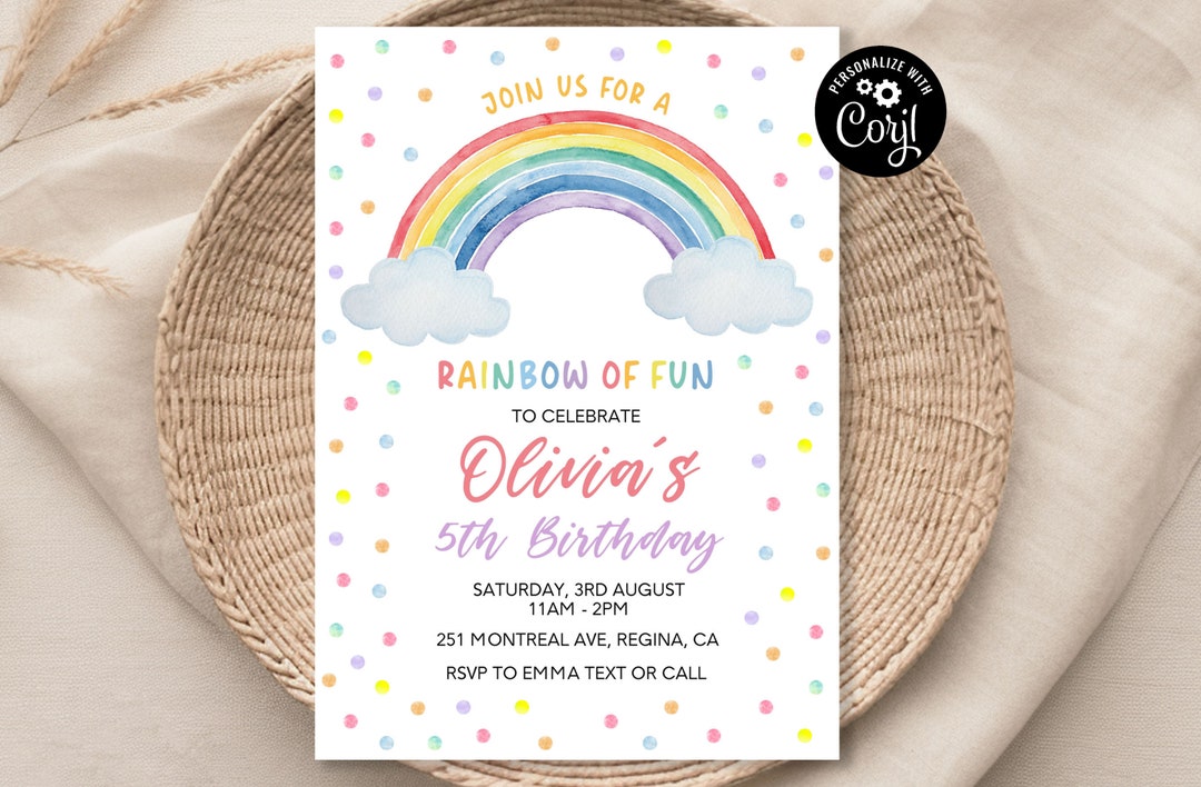 Editable Rainbow Birthday Invitation Rainbow Invite Colorful Rainbow ...