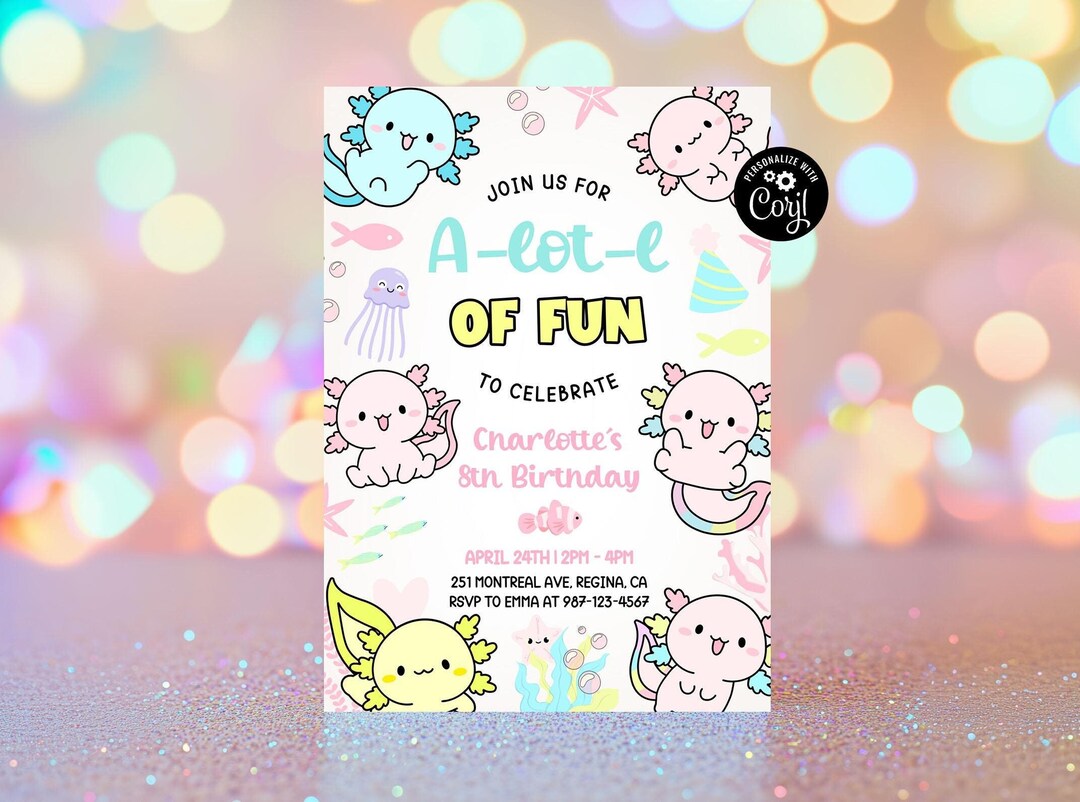 Axolotl Birthday Invitation EDITABLE Under the Sea Party Invite ...