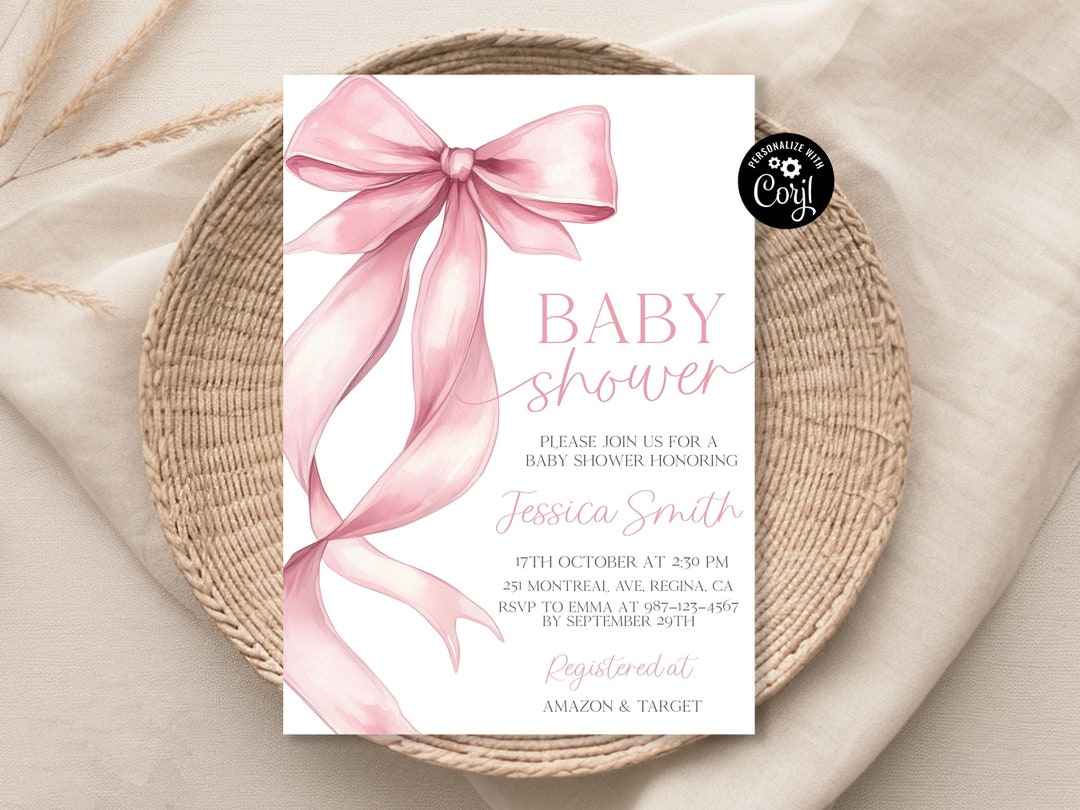 Pink Bow Baby Shower Invitation Baby Girl Pink Coquette Pink Baby ...