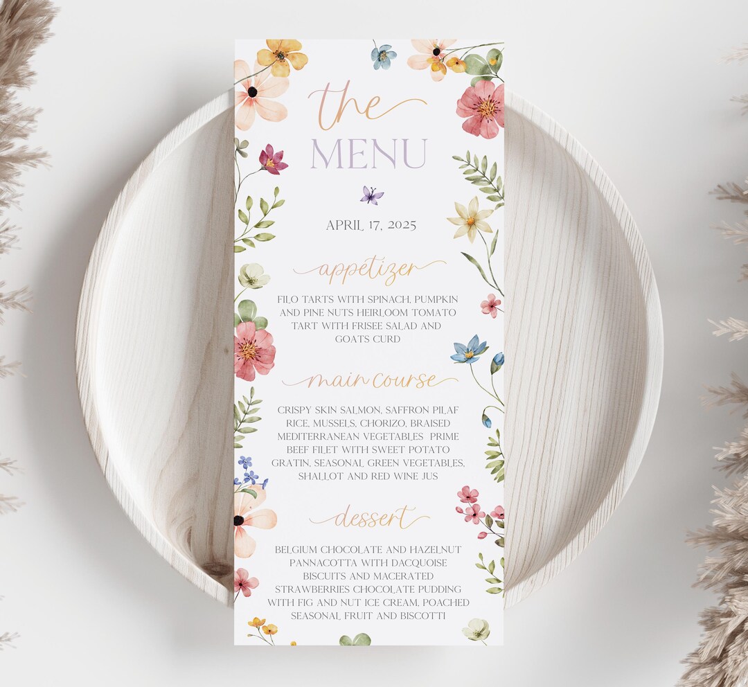 Wildflower Menu Card Wild Flower Menu Card Baby Shower Event Menu Card ...